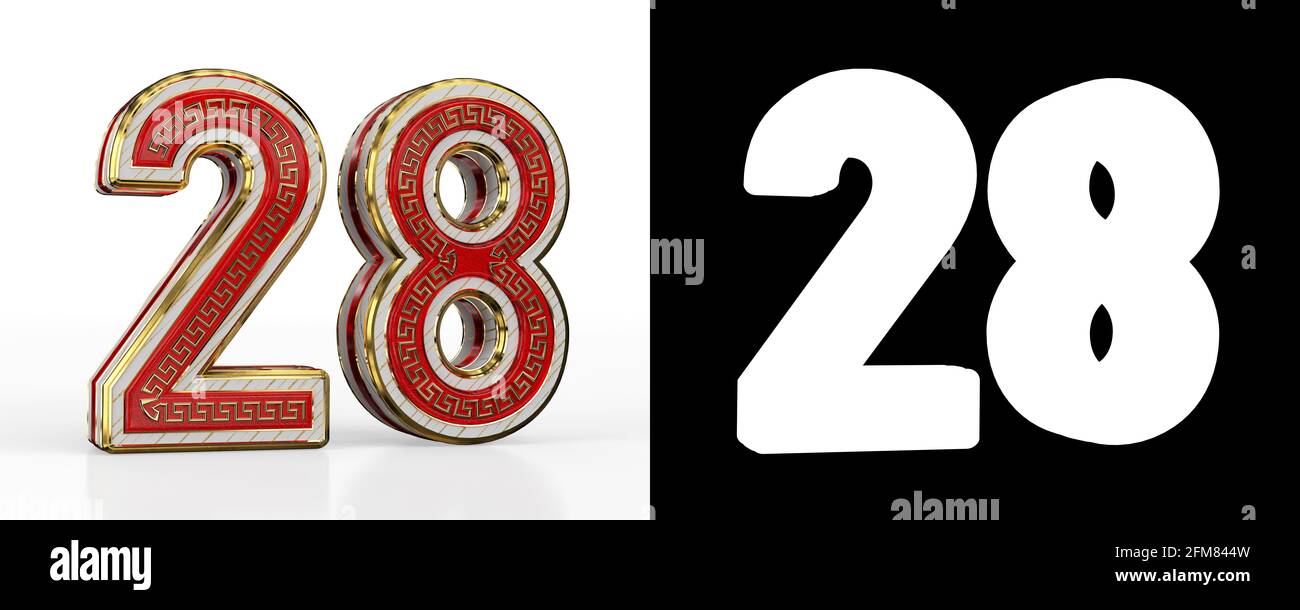 Number twenty-eight (number 28) with red transparent stripe on white ...