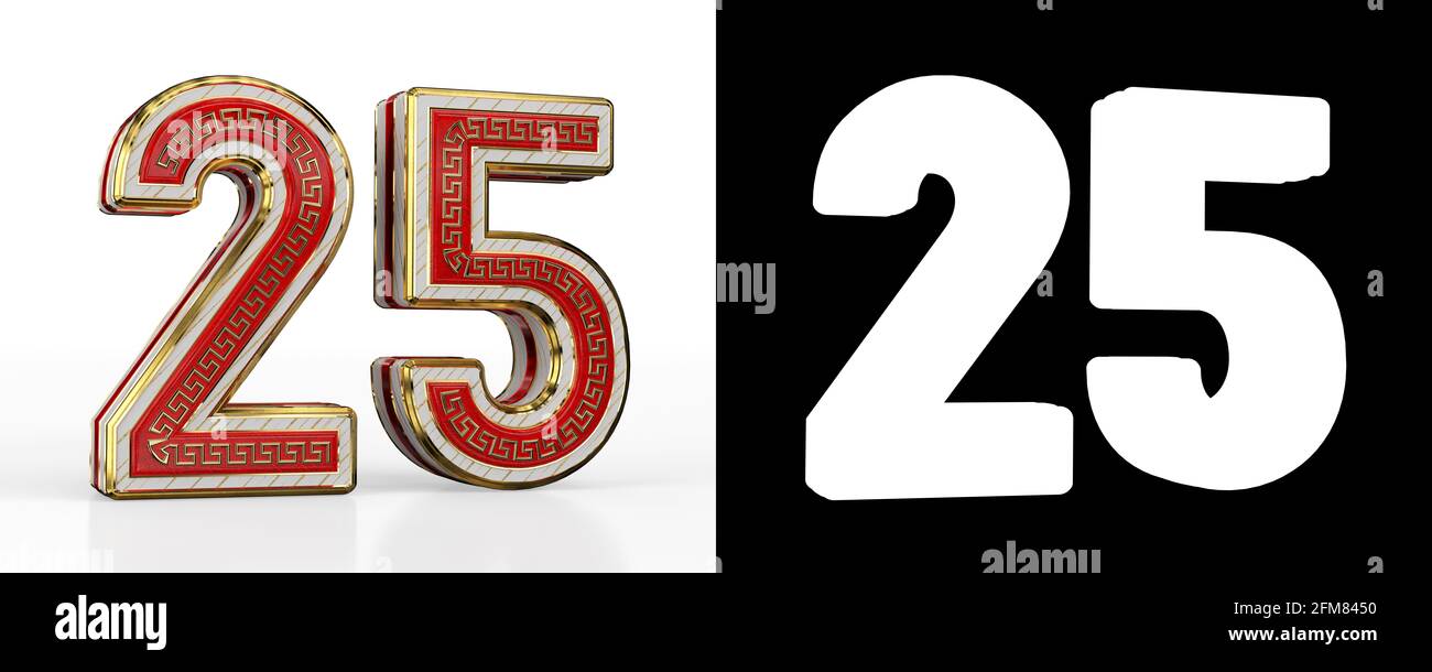 Number twenty-five (number 25) with red transparent stripe on white ...