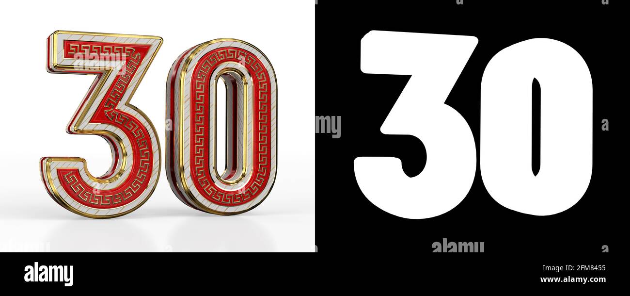 Number thirty (number 30) with red transparent stripe on white ...