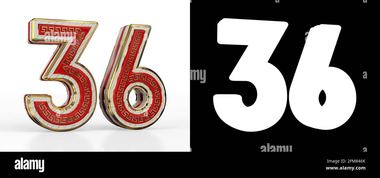 Number thirty-six (number 36) with red transparent stripe on white ...