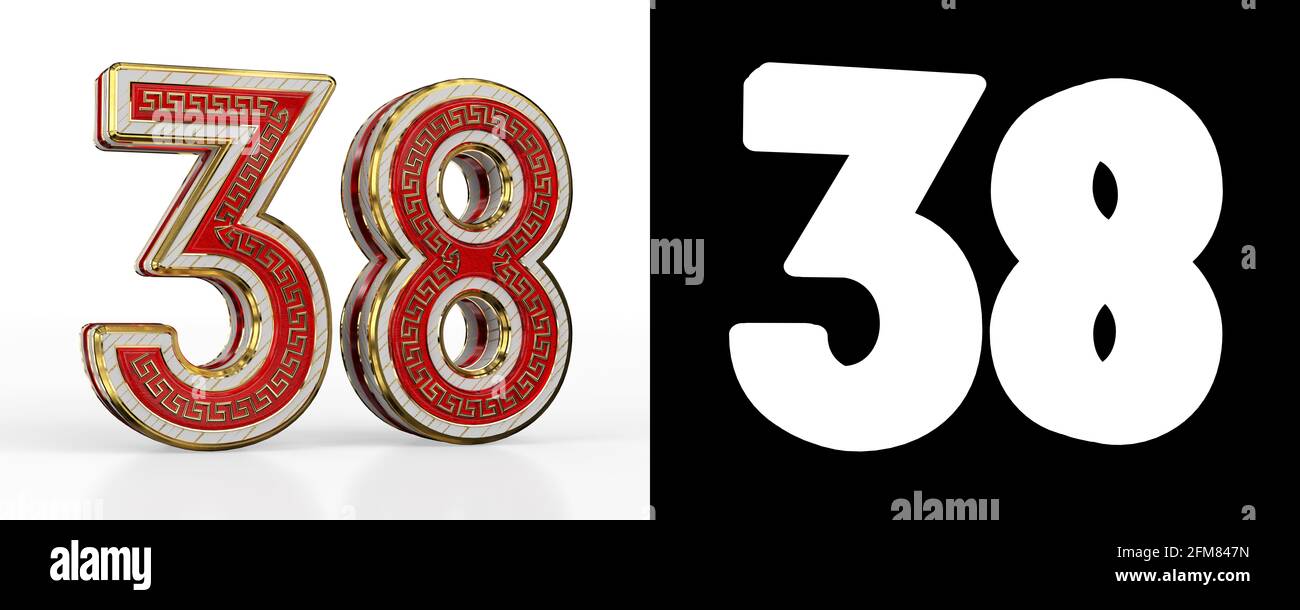 Number thirty-eight (number 38) with red transparent stripe on white ...