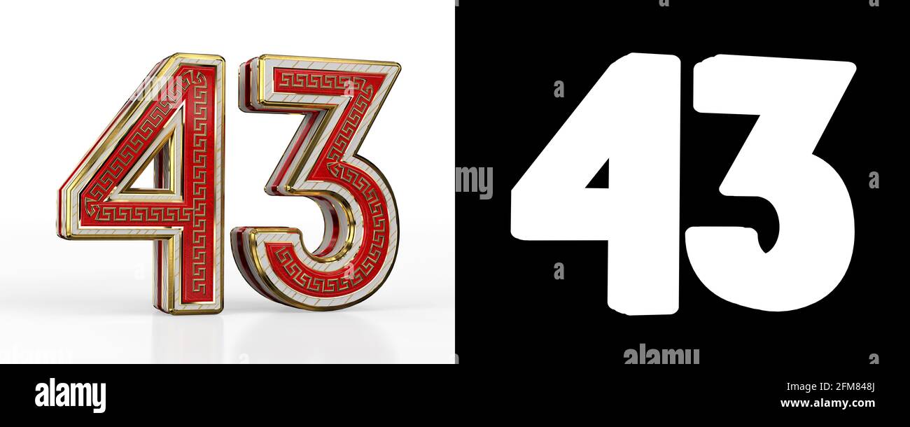 Number forty-three (number 43) with red transparent stripe on white ...