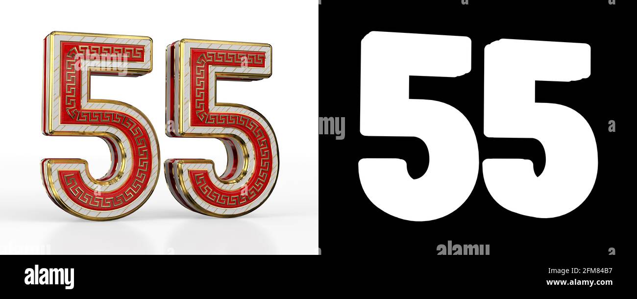 Number fifty-five (number 55) with red transparent stripe on white ...