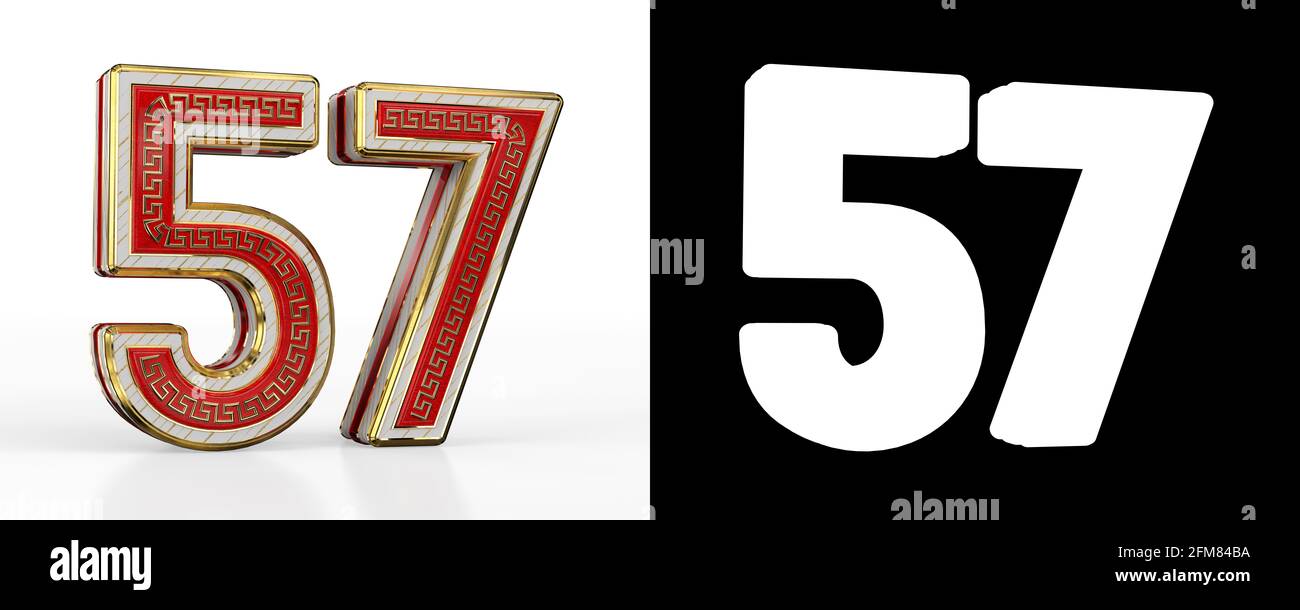 Number fifty-seven (number 57) with red transparent stripe on white ...
