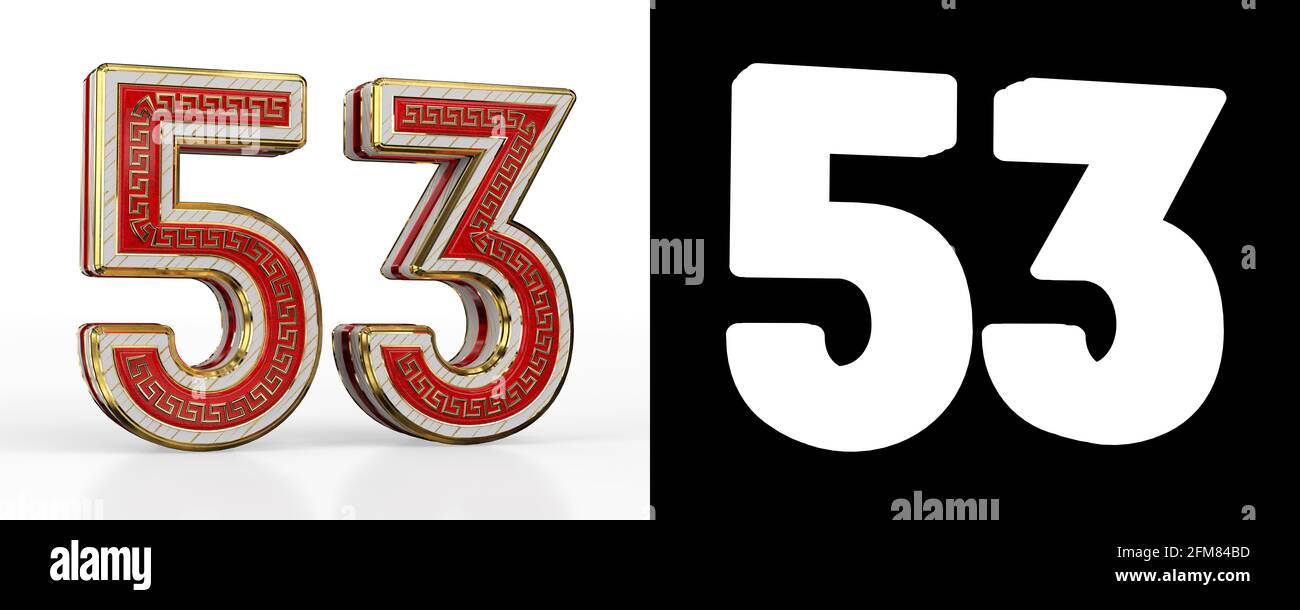 Number fifty-three (number 53) with red transparent stripe on white ...