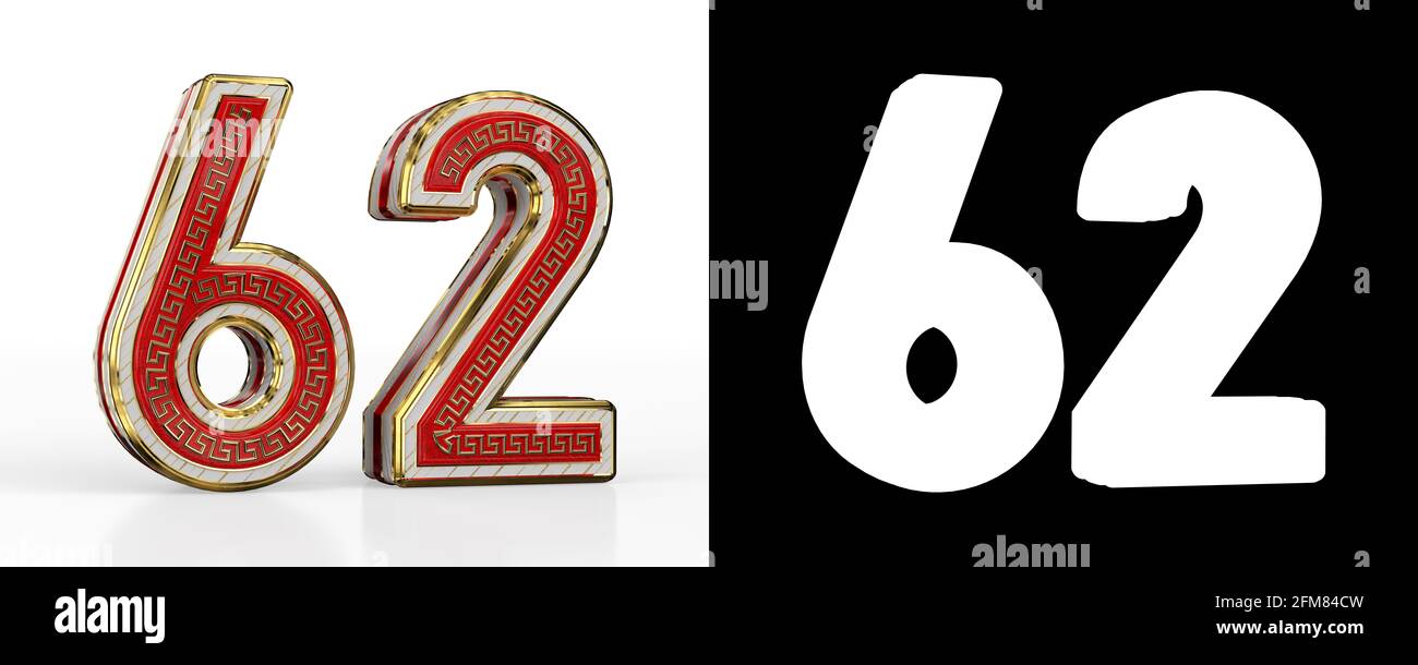 Number sixty-two (number 62) with red transparent stripe on white ...
