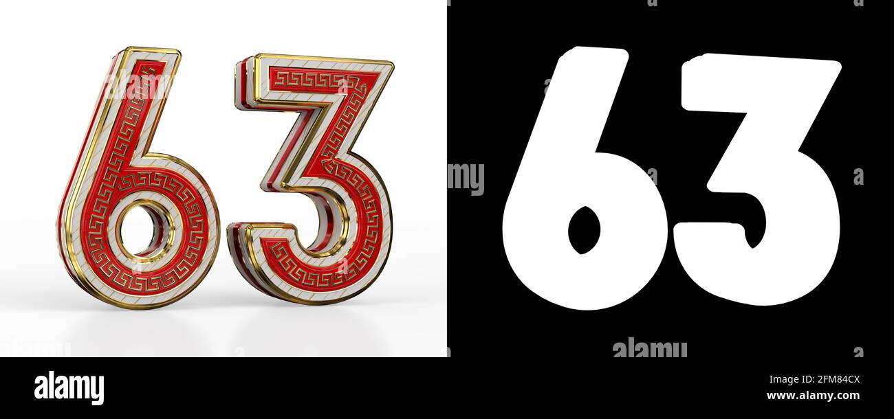 Number sixty-three (number 63) with red transparent stripe on white ...