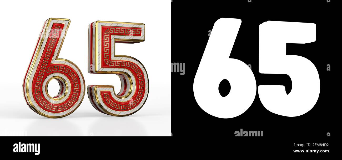 Number sixty-five (number 65) with red transparent stripe on white ...