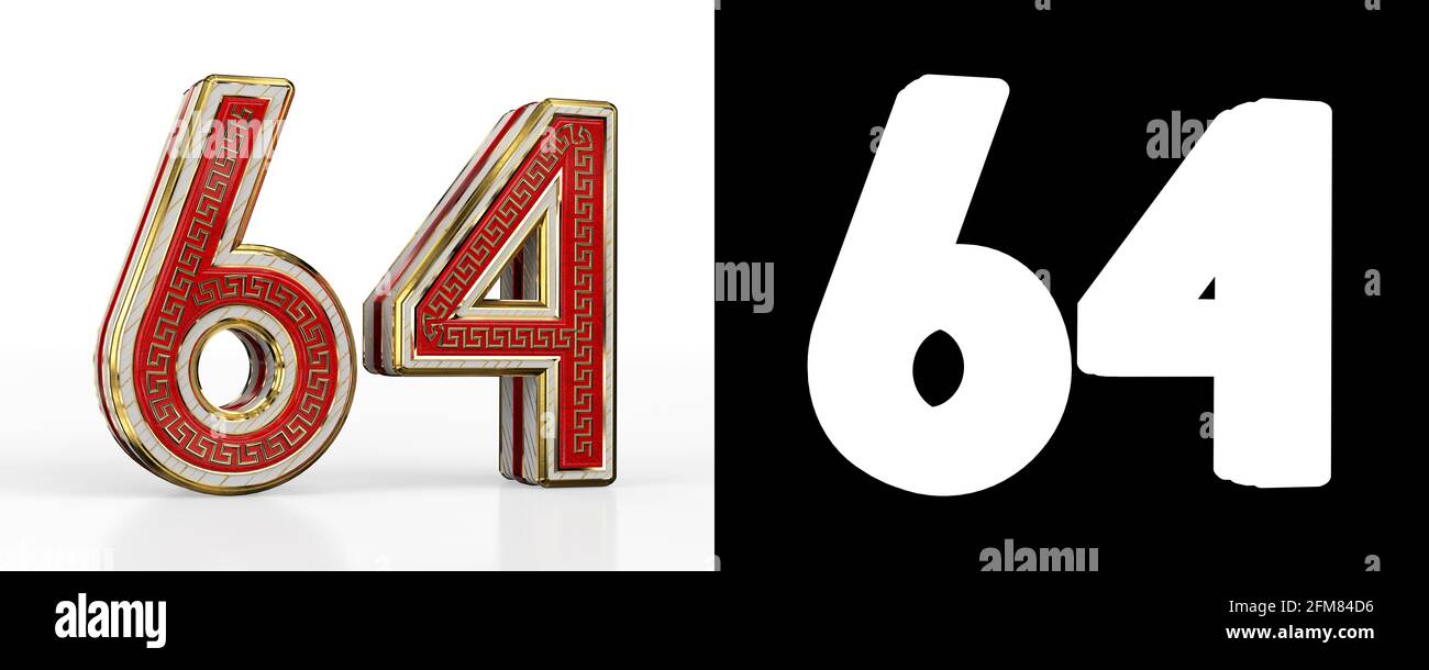 Number sixty-four (number 64) with red transparent stripe on white ...