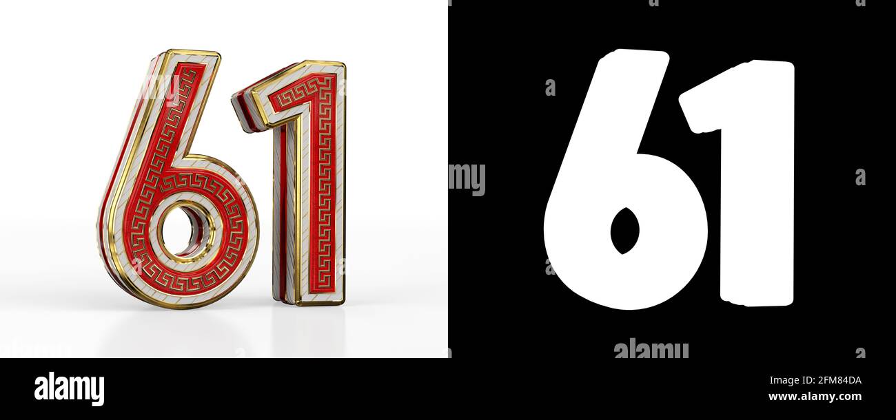 Number sixty-one (number 61) with red transparent stripe on white ...