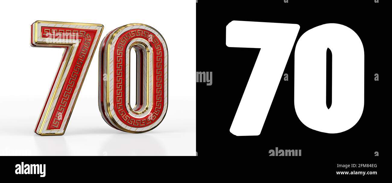 Number seventy (number 70) with red transparent stripe on white ...