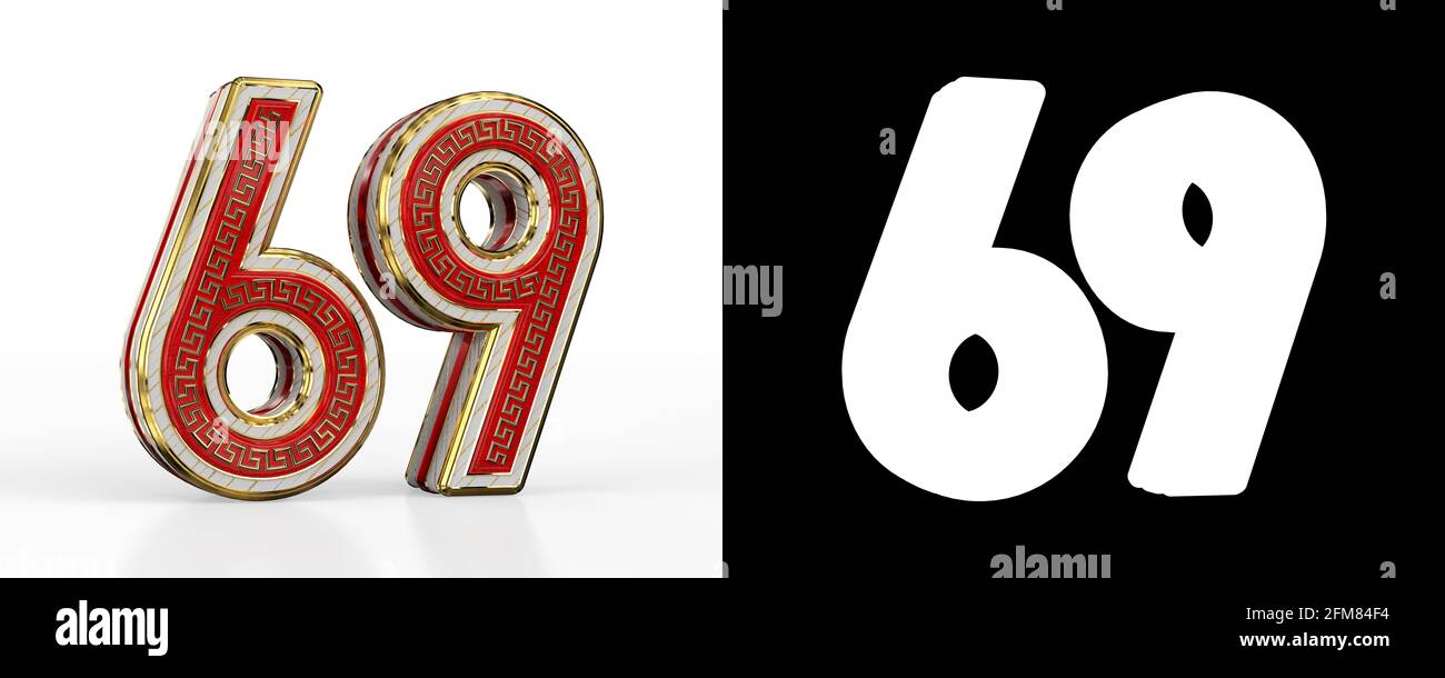 Number sixty-nine (number 69) with red transparent stripe on white ...