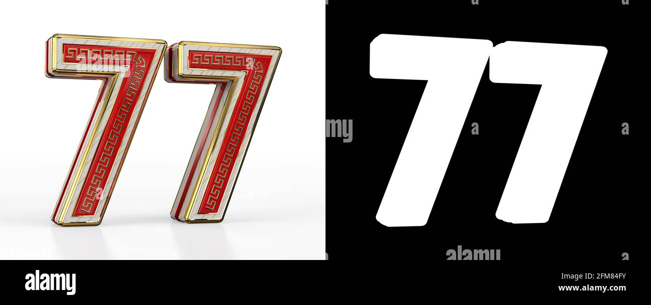 Number seventy-seven (number 77) with red transparent stripe on white ...
