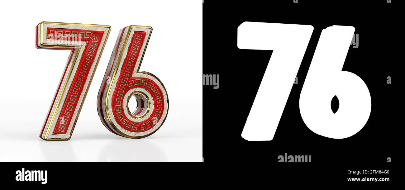 Number seventy-six (number 76) with red transparent stripe on white ...
