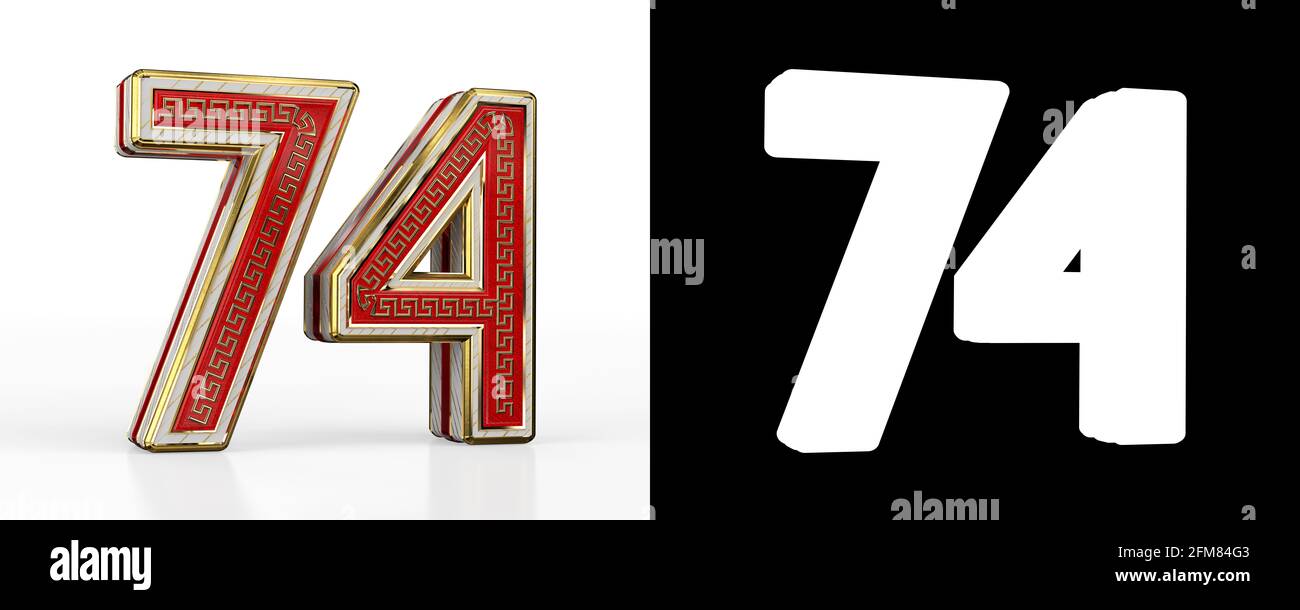 Number seventy-four (number 74) with red transparent stripe on white ...