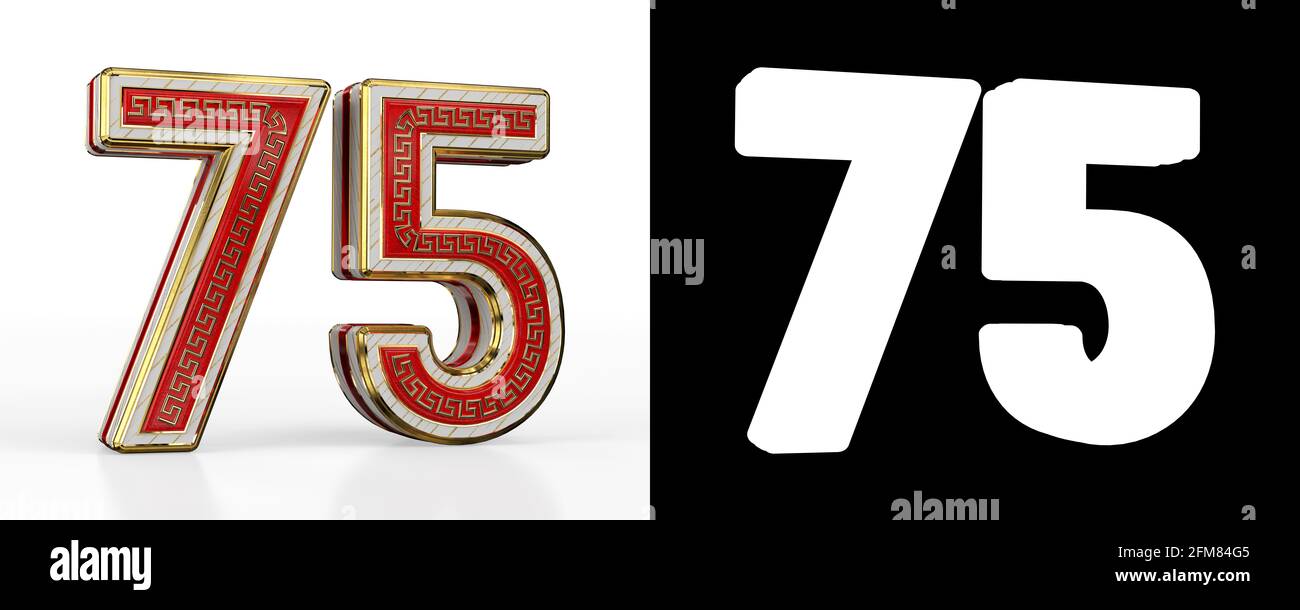 Number seventy-five (number 75) with red transparent stripe on white ...