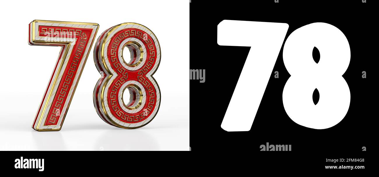Number seventy-eight (number 78) with red transparent stripe on white ...