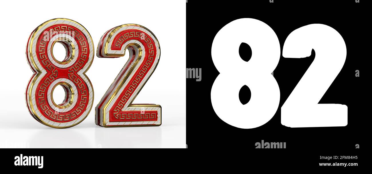 Number eighty-two (number 82) with red transparent stripe on white ...