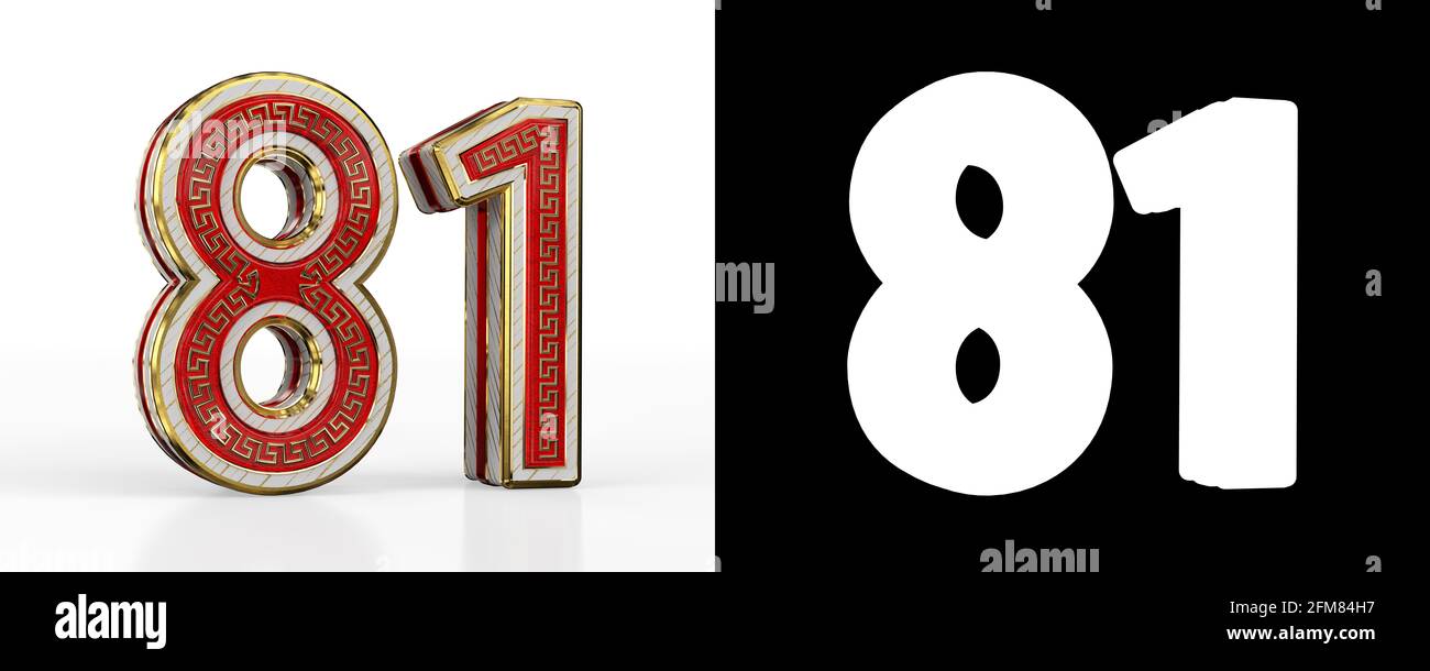 Number eighty-one (number 81) with red transparent stripe on white ...