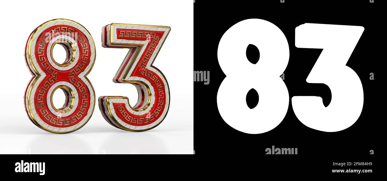 Number eighty-three (number 83) with red transparent stripe on white ...