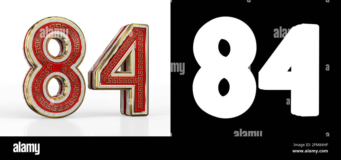 Number eighty-four (number 84) with red transparent stripe on white ...