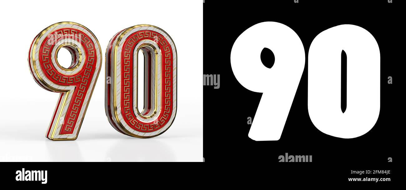 Number ninety (number 90) with red transparent stripe on white ...