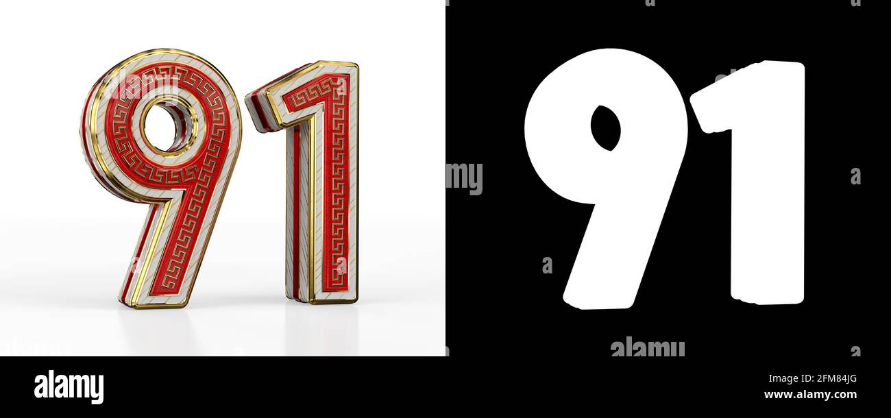 Number ninety-one (number 91) with red transparent stripe on white ...