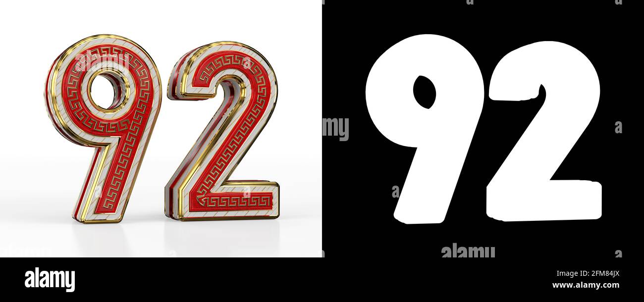Number ninety-two (number 92) with red transparent stripe on white ...