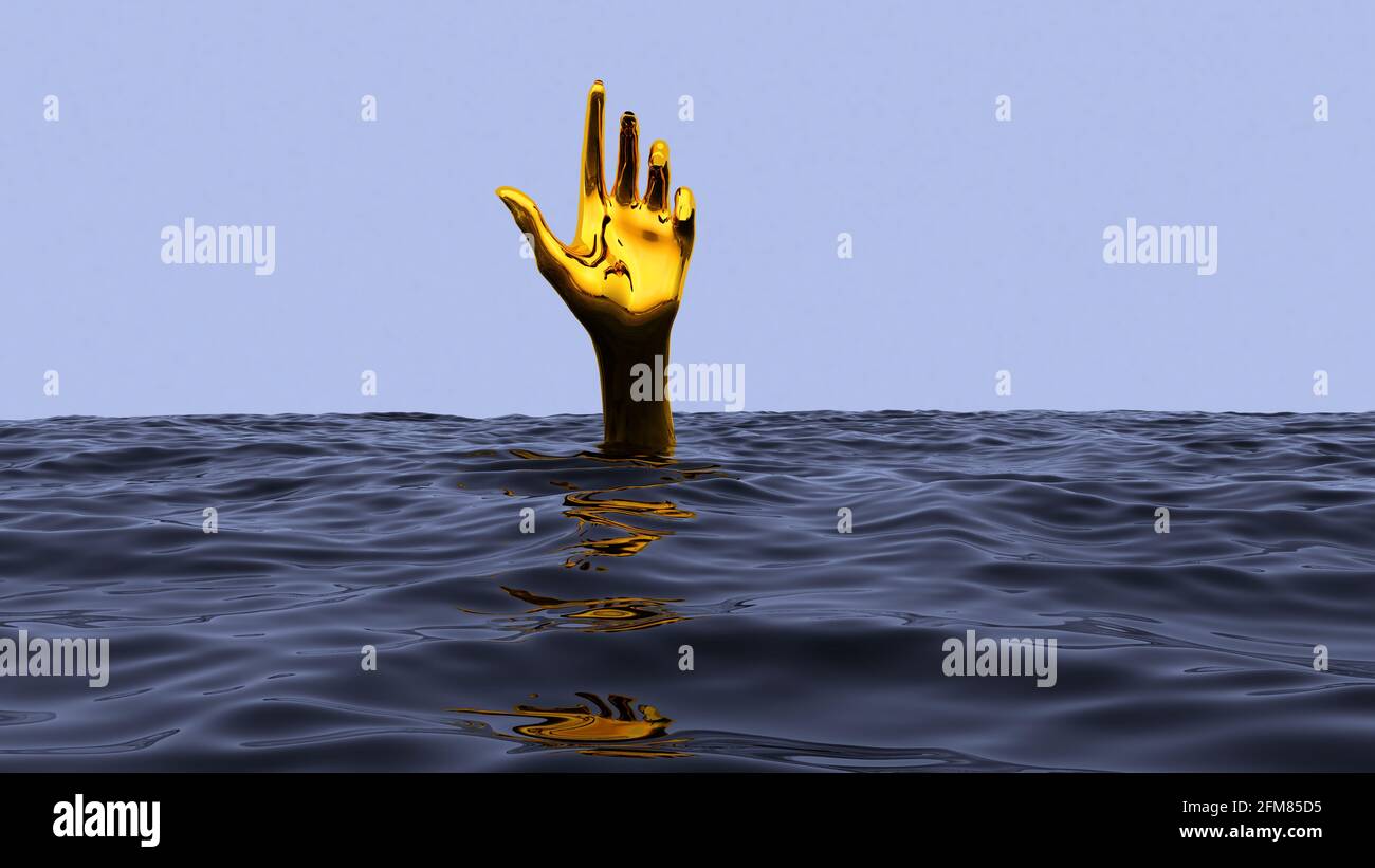 Surreal vaporwave concept with golden hand gesturing from underwater ...