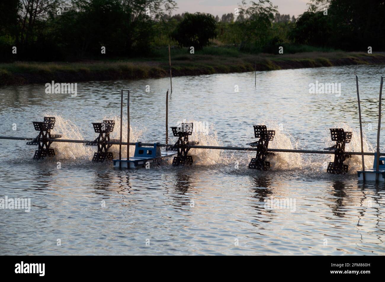 A water turbine used to rotate the water in the aquaculture pond with a ...