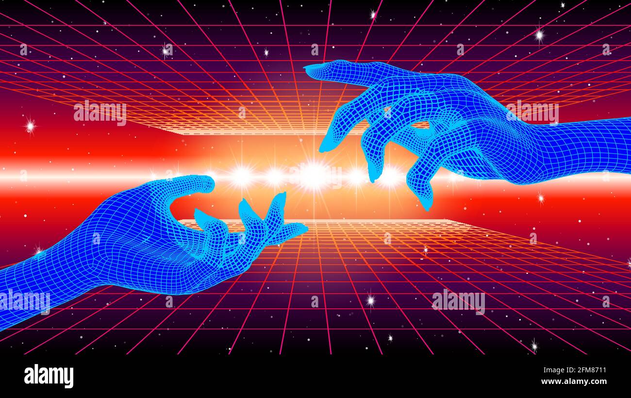 Hands touching in cyberpunk concept with 80s neon and grid style ...