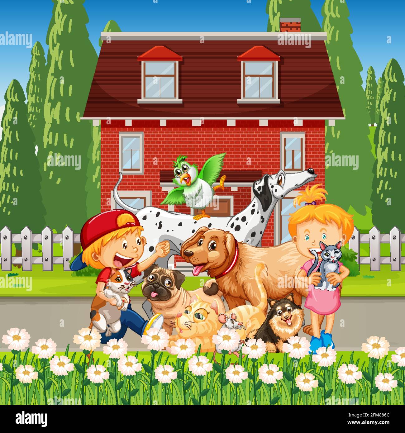 Outdoor house scene with many children playing with their dogs ...