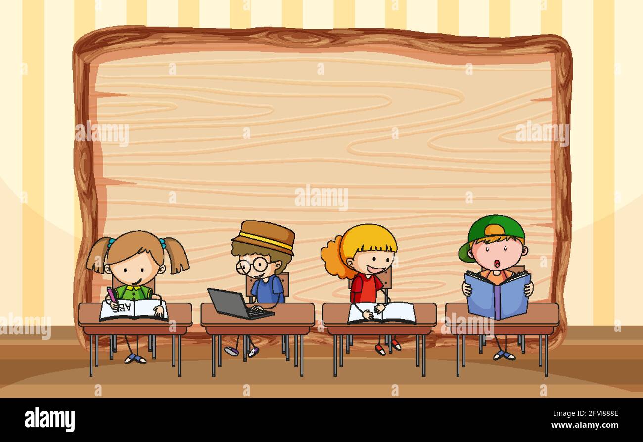 Empty wooden board with many kids doing their homework illustration ...