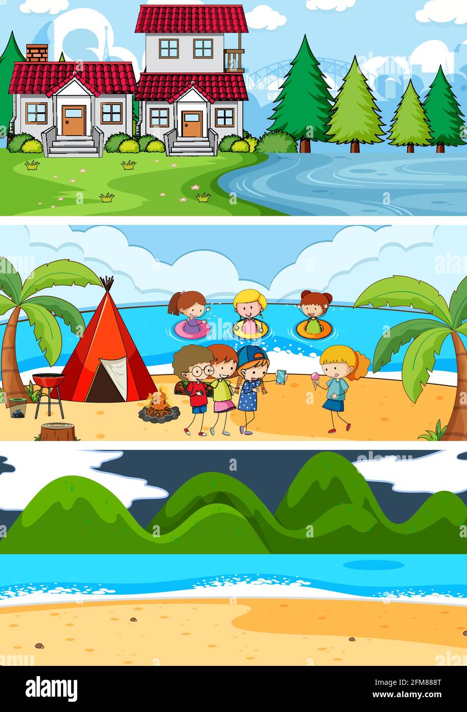 Set of different horizontal scenes background with doodle kids cartoon ...