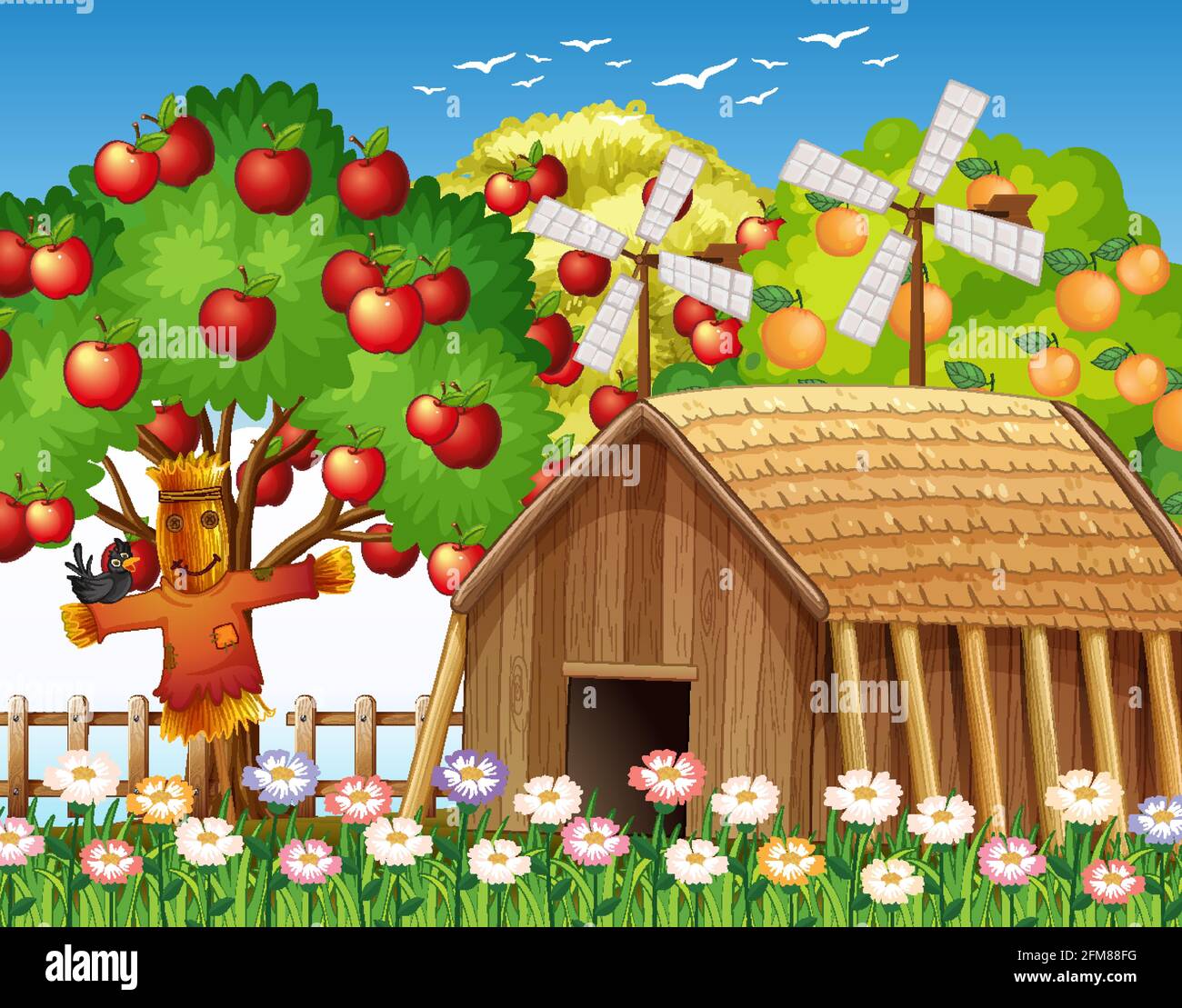 Farm scene with farmhouse and big apple tree illustration Stock Vector ...
