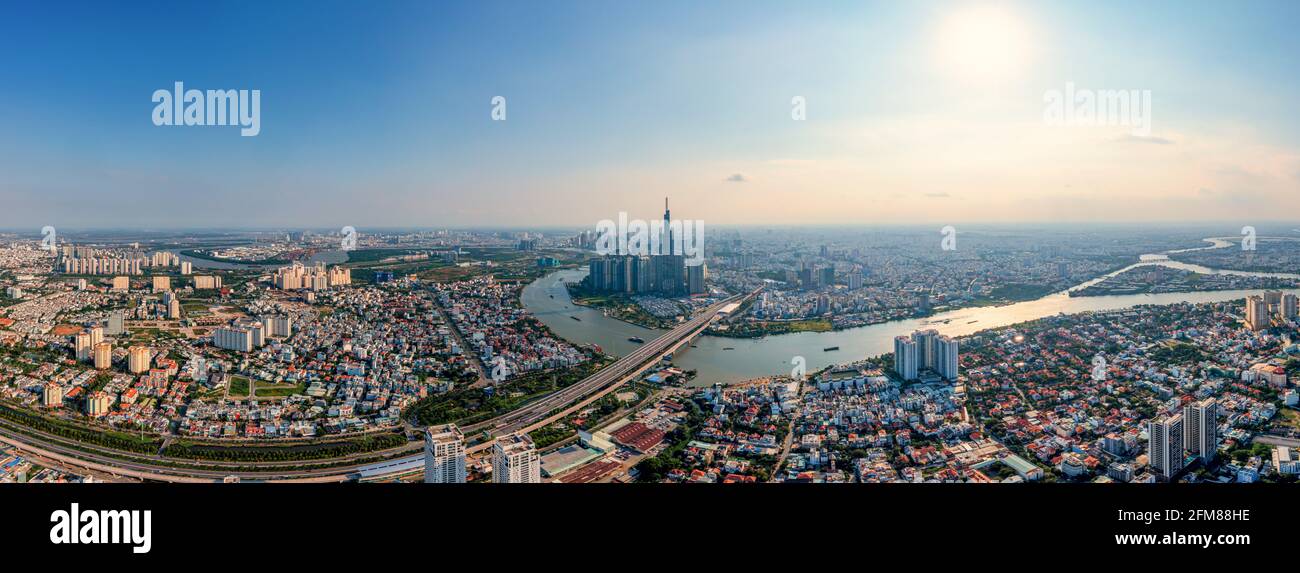Panorama aerial view of Saigon or Ho Chi Minh city under blue sky Stock ...