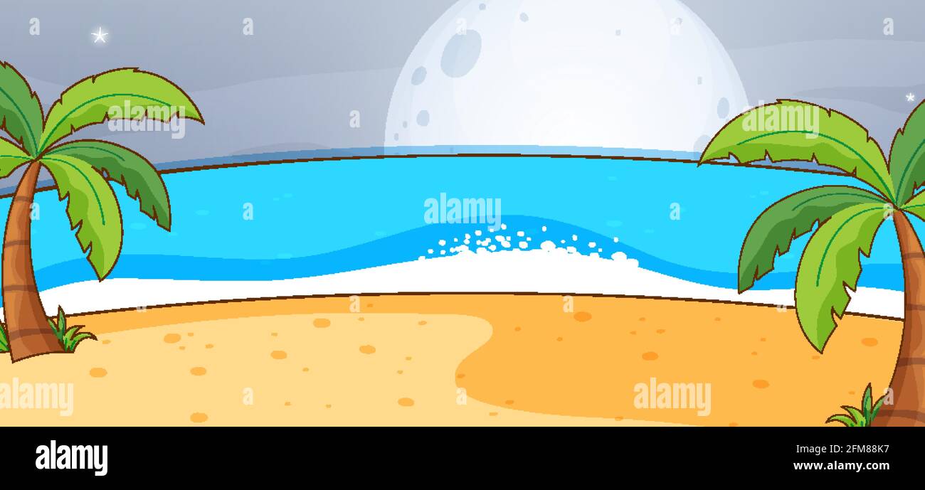 Empty beach landscape scene at night with big moon illustration Stock ...