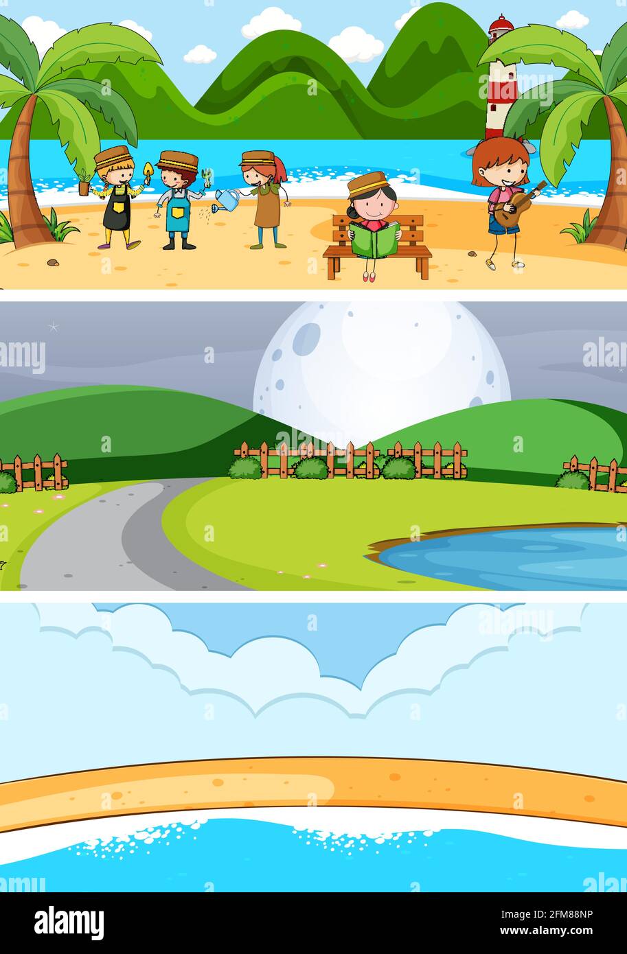 Set of different horizon scenes background with doodle kids cartoon ...