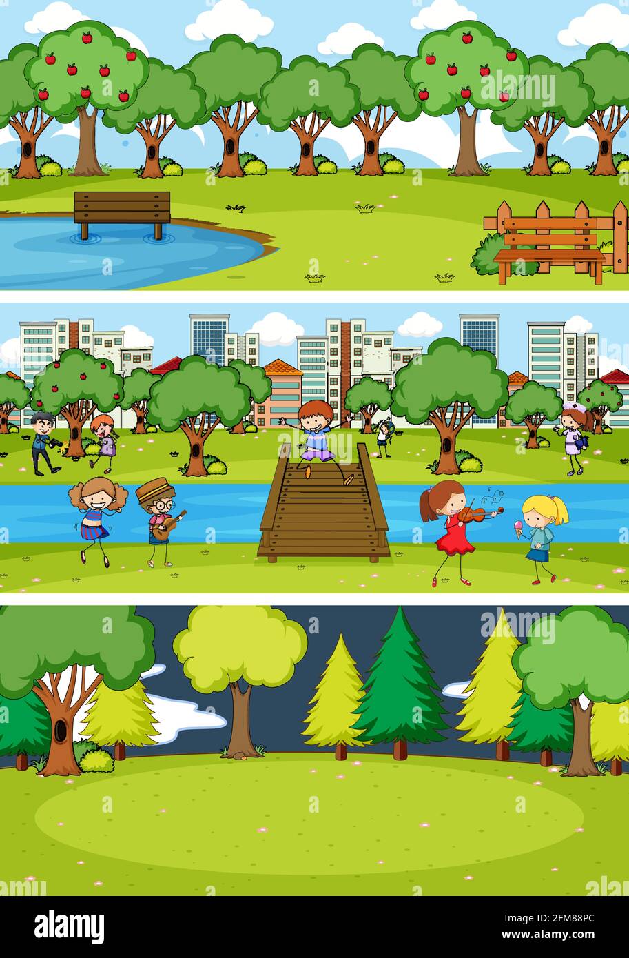 Set of different horizon scenes background with doodle kids cartoon ...