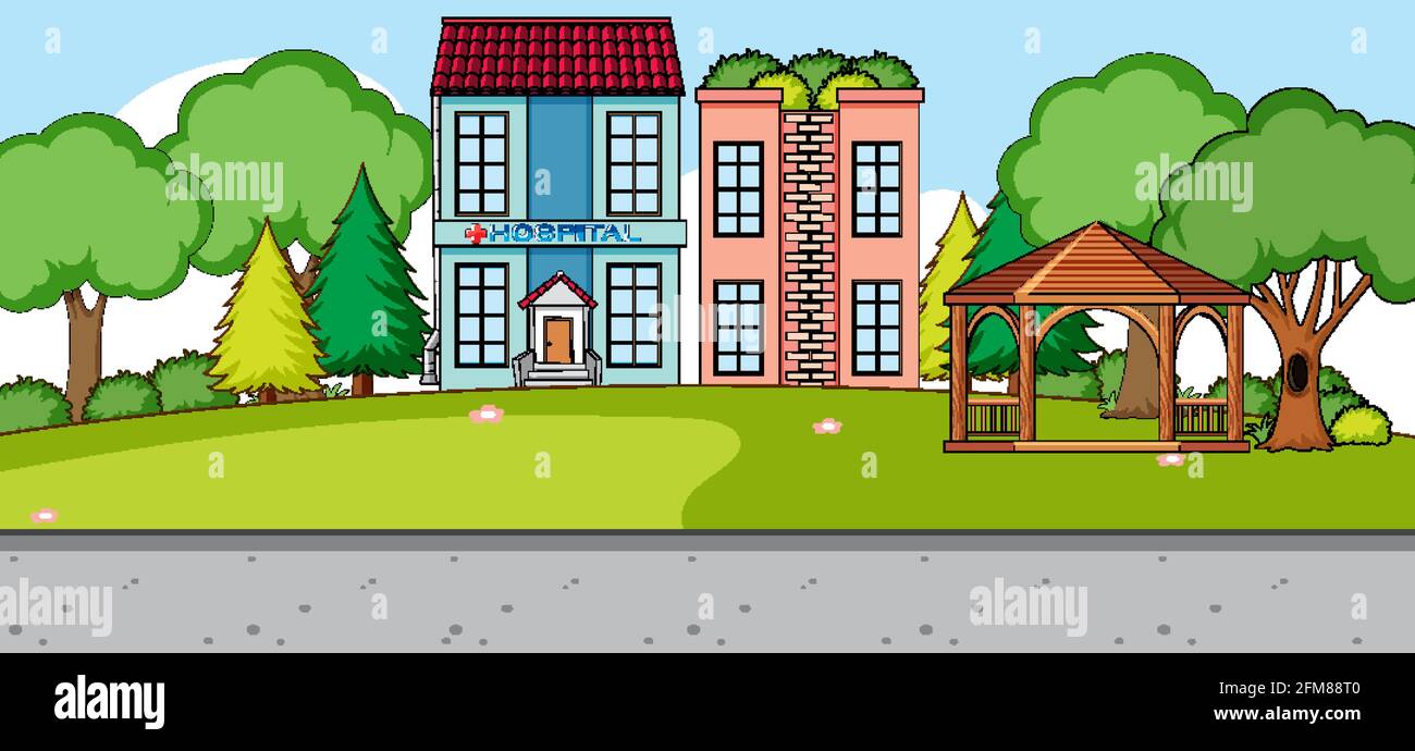 Horizontal scene with hospital building outdoor scene illustration ...