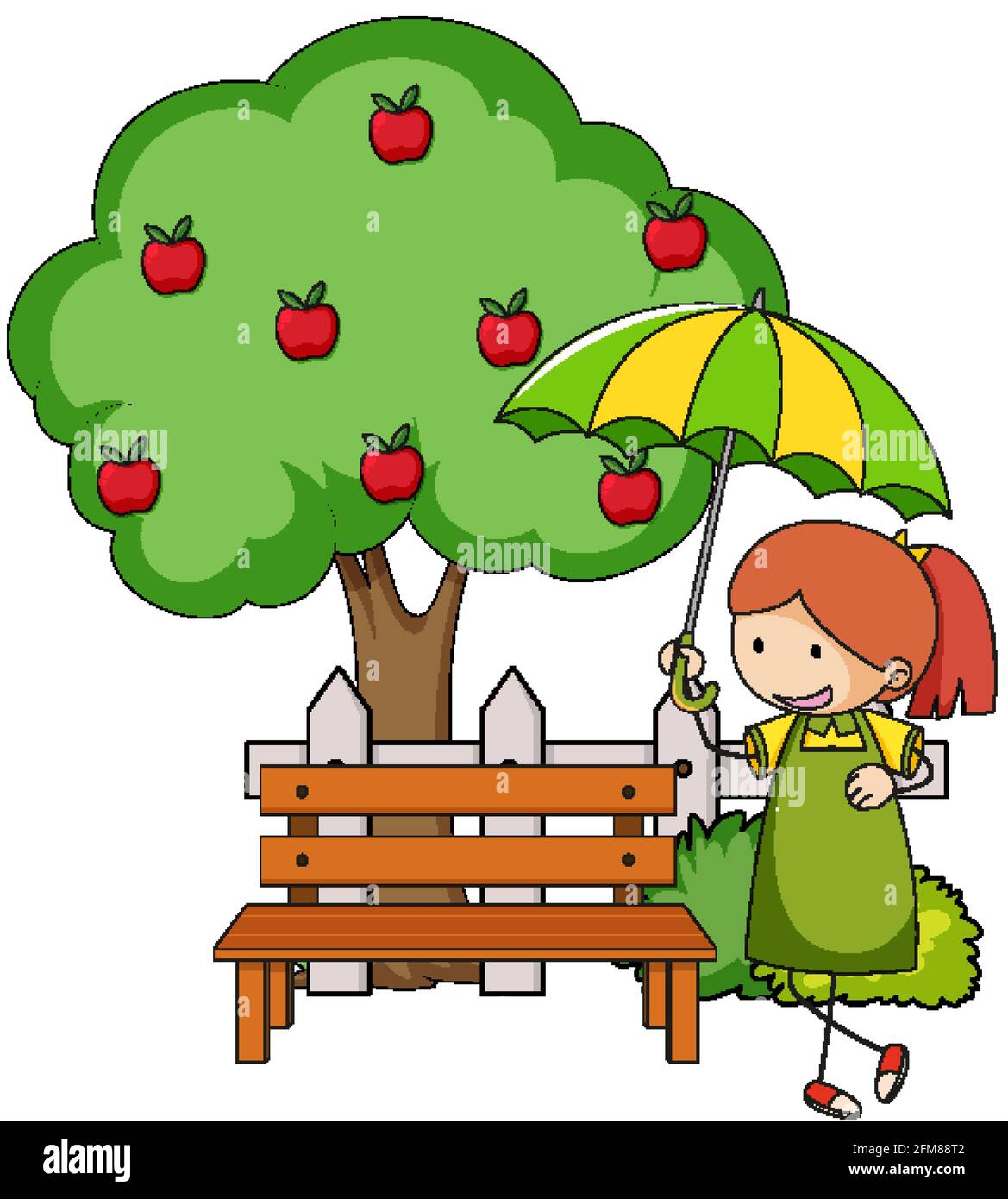 Doodle cartoon character a girl holding an umbrella with apple tree ...