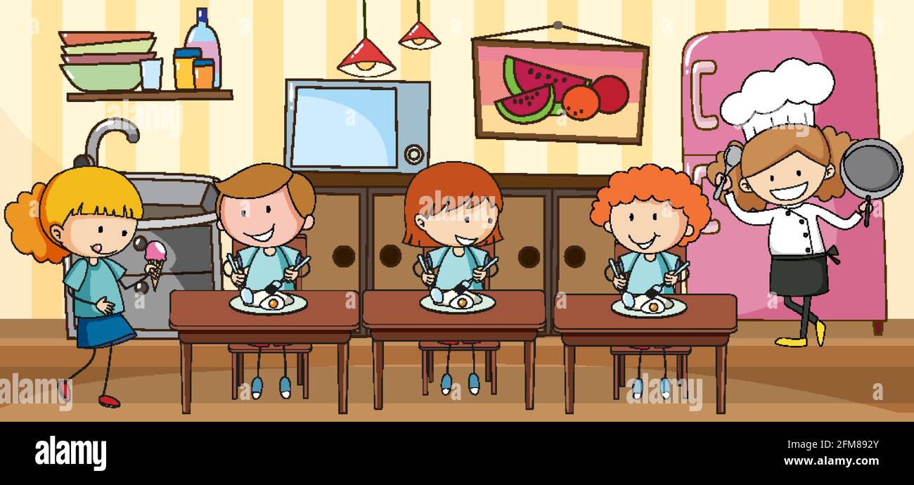Kitchen room scene with many kids doodle cartoon character illustration ...