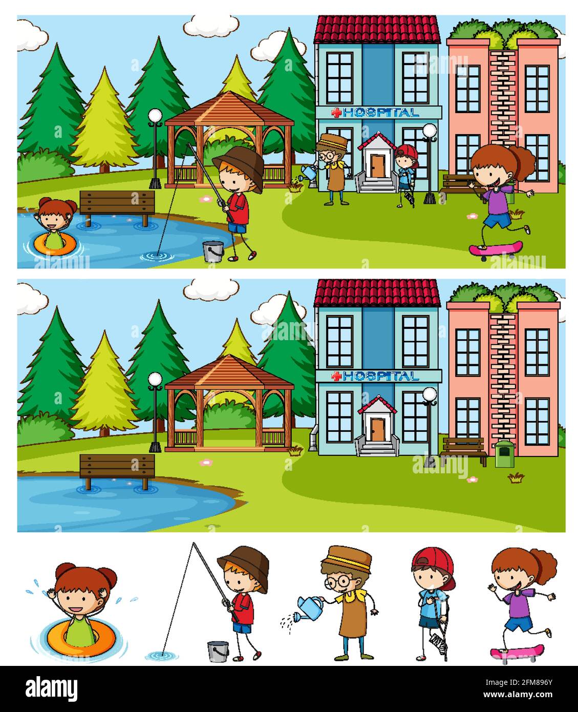 Set of different horizontal scenes background with doodle kids cartoon ...