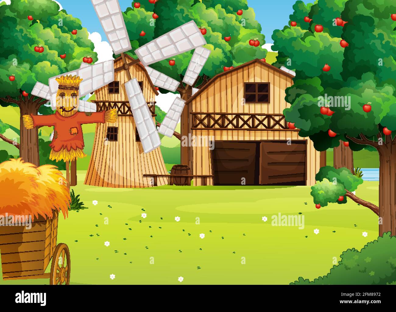 Farm scene with farmhouse and windmill illustration Stock Vector Image ...
