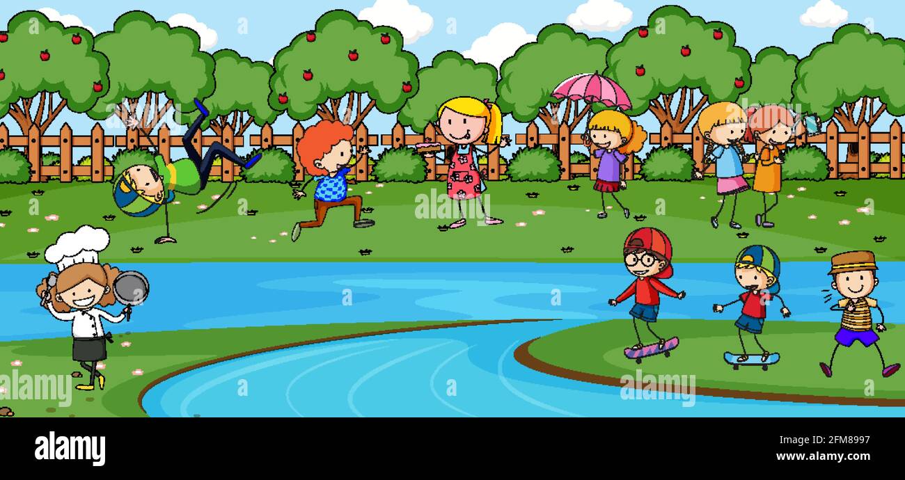 Outdoor scene with many kids playing in the park illustration Stock ...