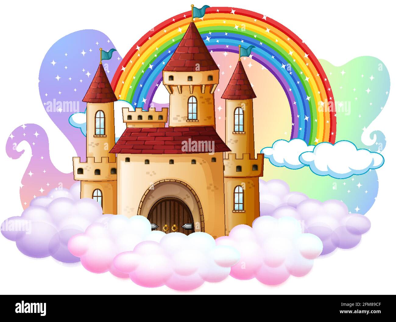 Castle with rainbow on the cloud isolated on white background ...