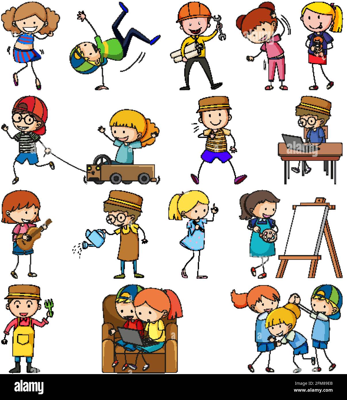 Set of different doodle kids cartoon character isolated illustration ...