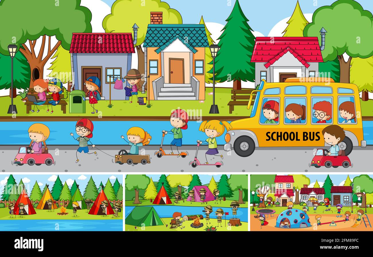 Outdoor scene set with many kids doodle cartoon character illustration ...