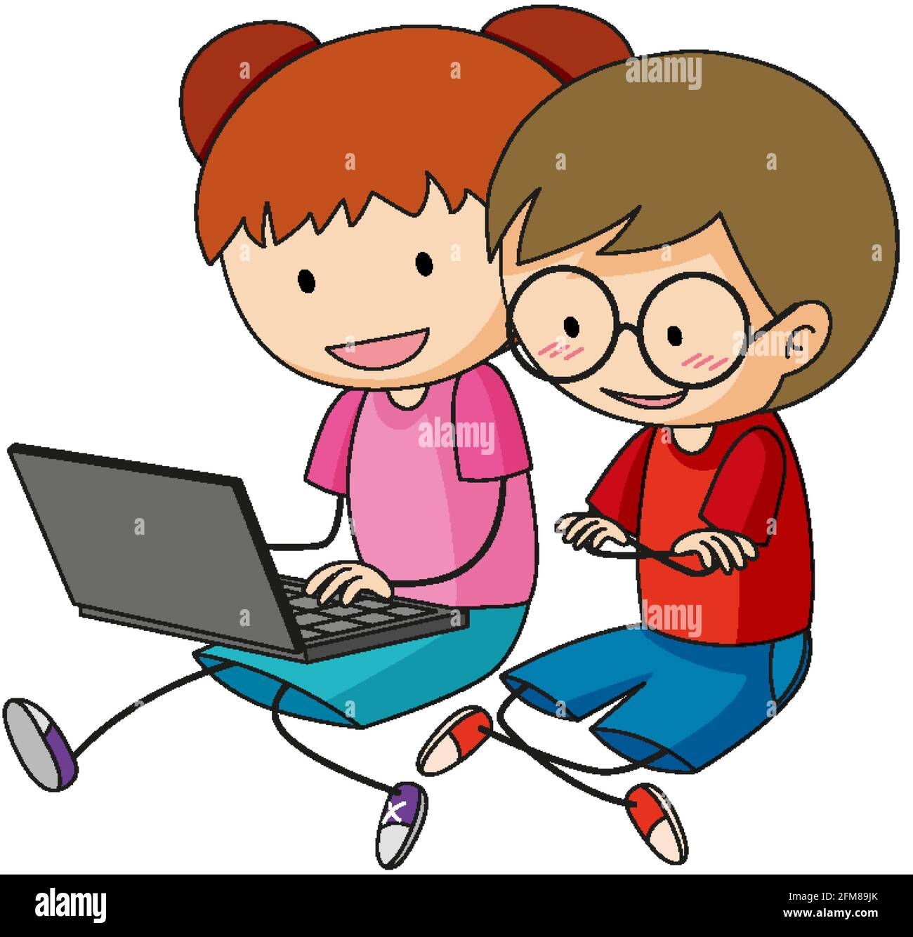 A doodle kids using laptop cartoon character isolated illustration ...