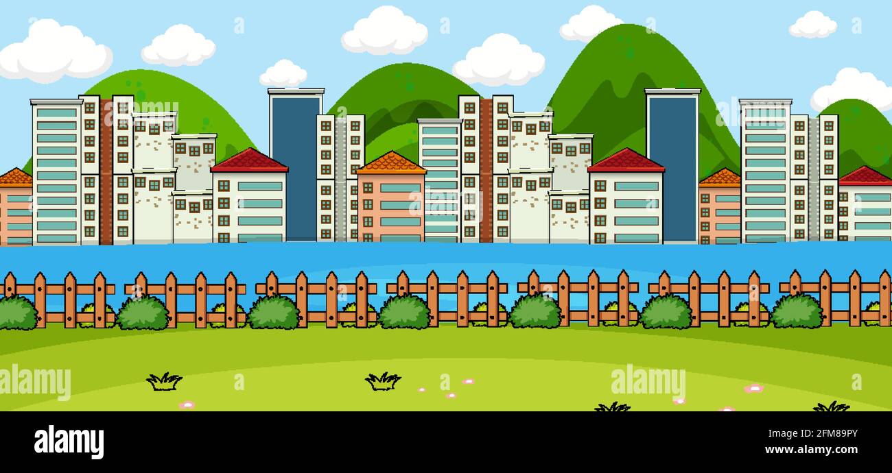 Horizontal scene with park and cityscape background illustration Stock ...
